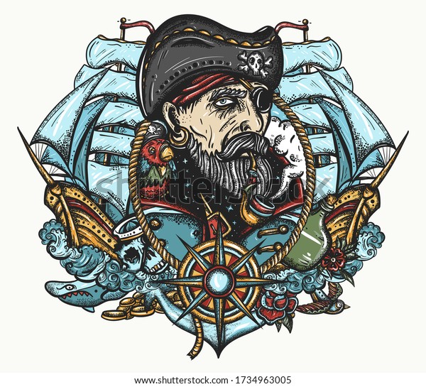 Old captain and pirate ships. Old school tattoo style. Elderly sea wolf ...