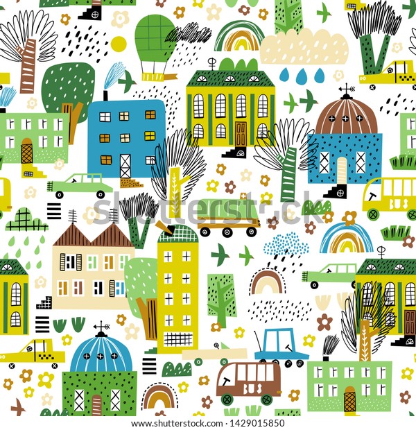 Old City Cartoon Vector Seamless Pattern Stock Vector (Royalty Free ...