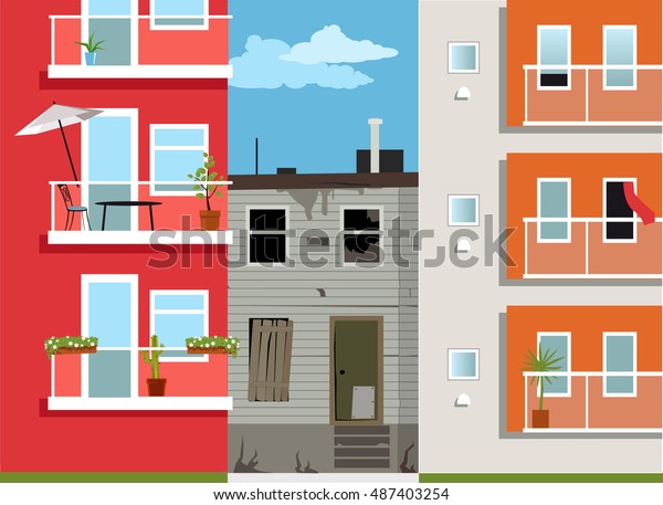 Old Derelict House Stuck Between Two Stock Vector (Royalty Free) 487403254