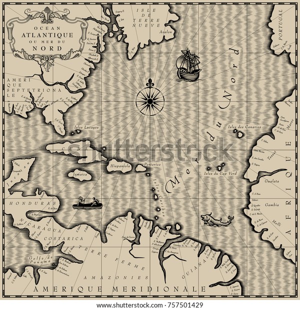 Old Geographic Map Atlantic Ocean Region: เวกเตอร์สต็อก (ปลอดค่า ...