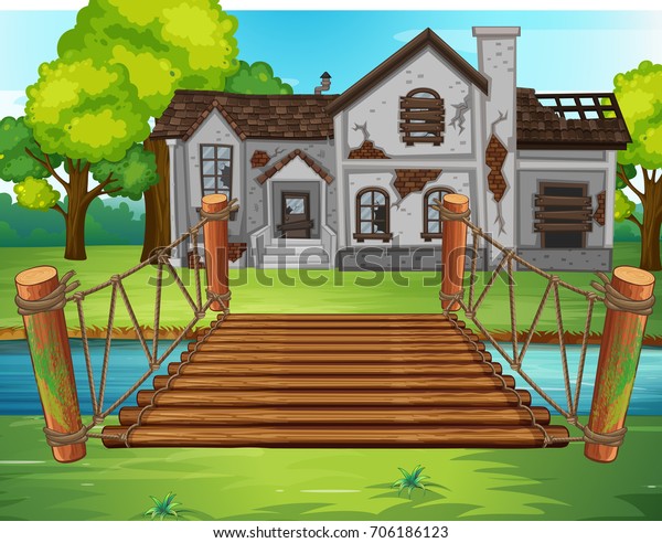Old House By River Illustration Stock Vector (Royalty Free) 706186123 ...