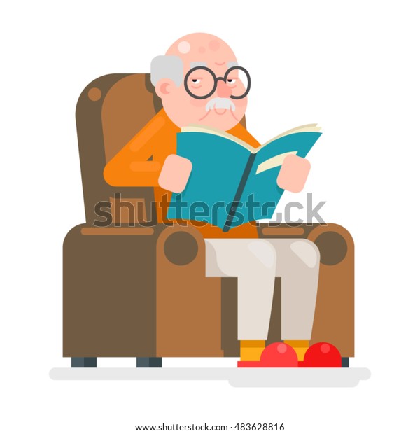 Old Man Characters Read Book Sit Chair Adult Icon Flat Vector Illustration