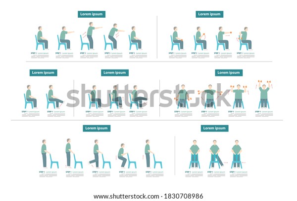 old man sit on chair exercise step cartoon set