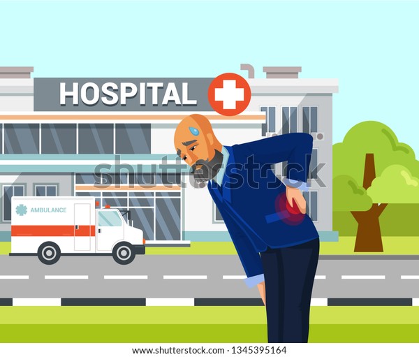 Old Man Suffering from Back Pain Flat Drawing. Adult Bending Over ...