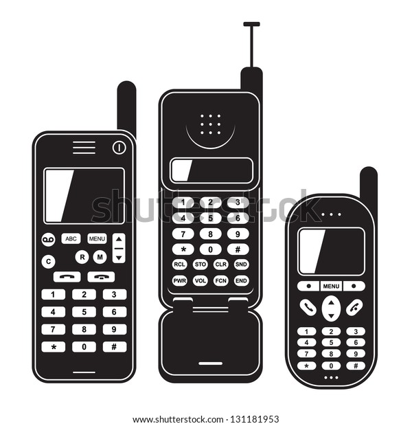 Old Mobile Phone Set 90s Black 스톡 벡터(로열티 프리) 131181953