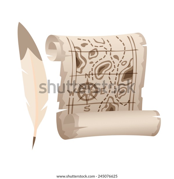 Old Paper Scroll Map Feather Realistic Stock Vector (Royalty Free ...