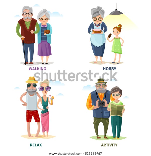 Old People Cartoon Collection Different Activities Stock Vector ...