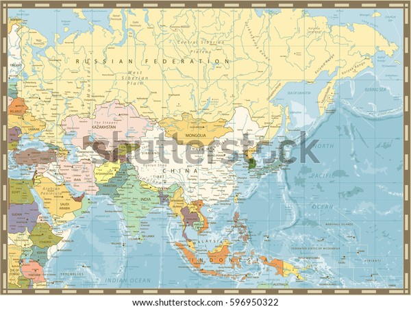 Old retro map of Asia and bathymetry with rivers, lakes and elevations.