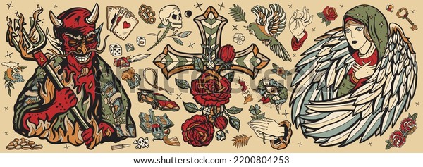 Old School Tattoo Collection Angel Demon: เวกเตอร์สต็อก (ปลอดค่า ...