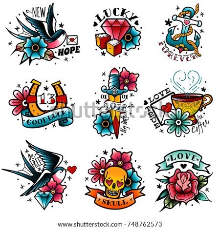 「Old School Tattoo Emblems Set」のベクター画像素材（ロイヤリティフリー） 748762573 ...