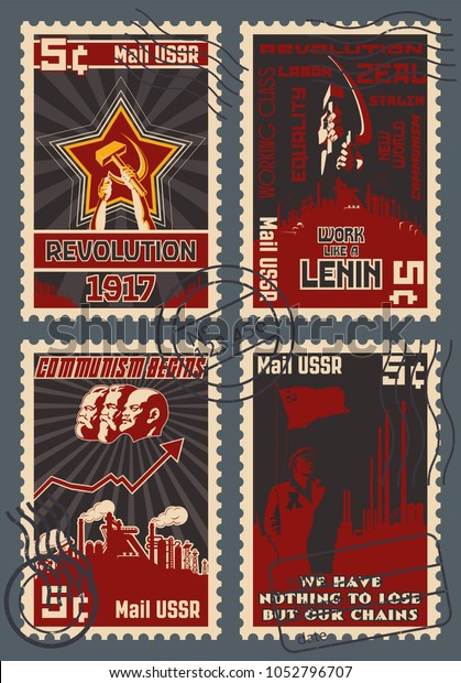 Old Soviet Communism Propaganda Postage Stamps Stock Vector (Royalty ...