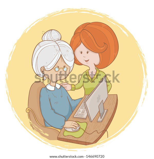 Old Woman Granny Learns Computer Use Stock Vector (Royalty Free ...