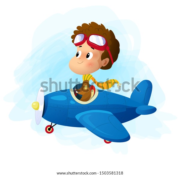 One Cartoon Boy Flying Plane Vector Stock Vector (Royalty Free ...