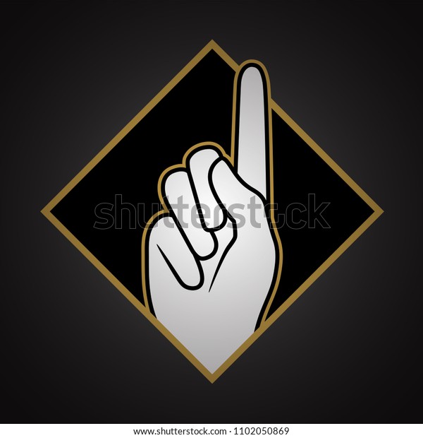 One finger pointing up hand sign in golden border on dark background