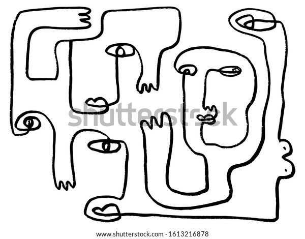 One line art abstract drawing of faces in black. Vector illustration
