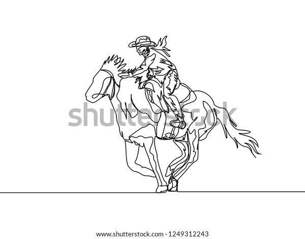 One line drawing of cowboy riding wild horse. Continuous line hand ...