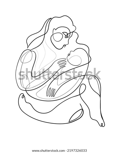 One Line Drawing Mother Holding Her Stock Vector (Royalty Free ...