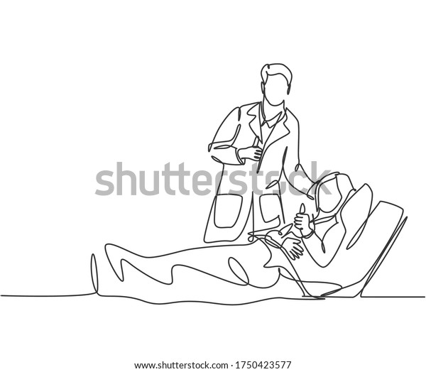 One line drawing of young happy doctor visiting patient who are lying ...