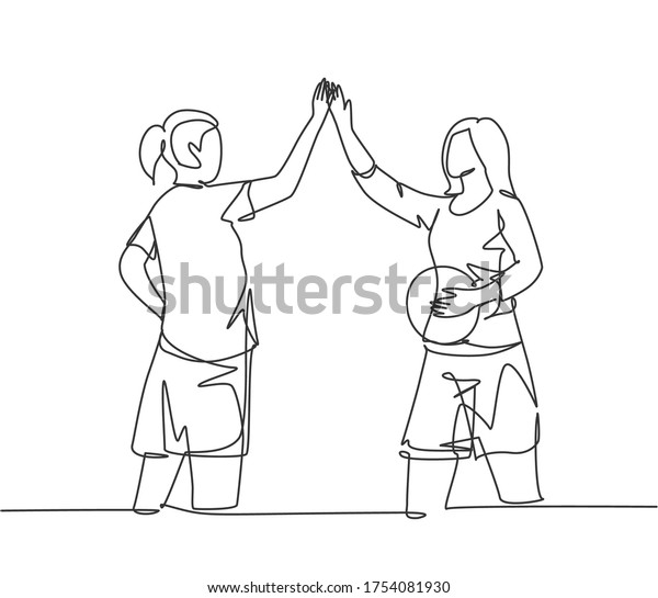 One Line Drawing Young Happy Women Stock Vector (Royalty Free ...