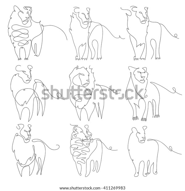 One Line Lion Design Silhouette Set 스톡 벡터(로열티 프리) 411269983 | Shutterstock