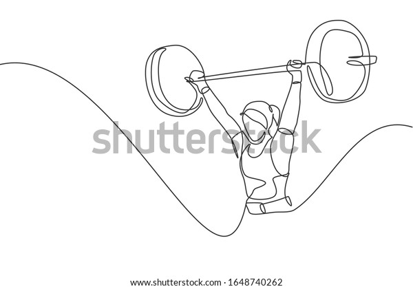 One single line drawing of fit young athlete muscular woman lifting ...