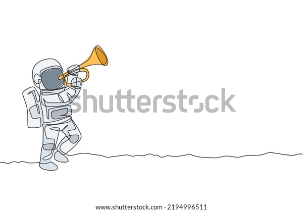 One single line drawing spaceman playing trumpet musical instrument in ...