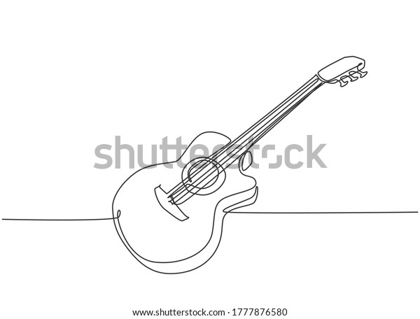 One single line drawing of wooden classic acoustic guitar. Modern ...