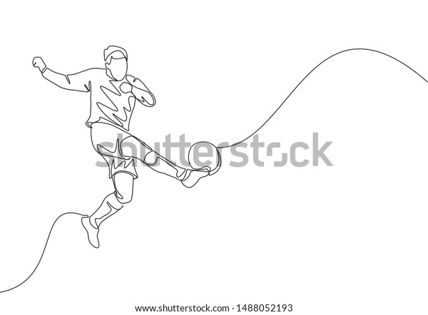 One single line drawing of young talented football player win the ball ...