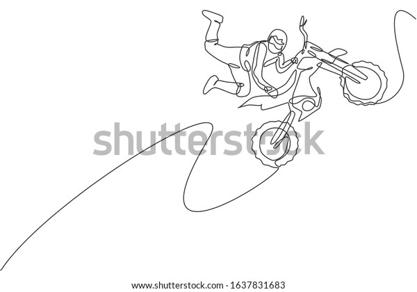 One single line drawing of young motocross rider does dangerous ...