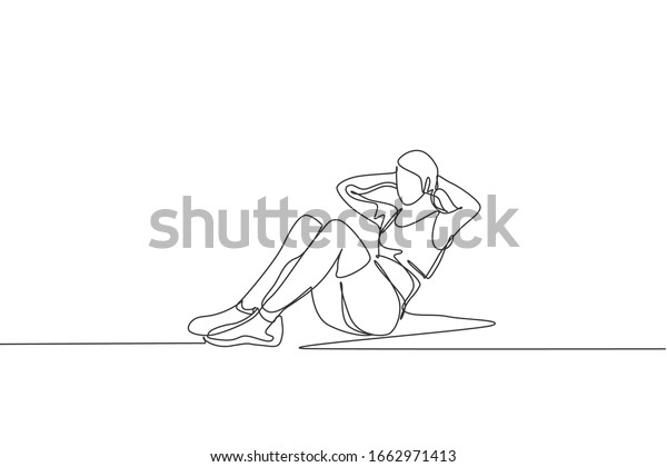 One single line drawing young woman working out doing sit up in gym to ...