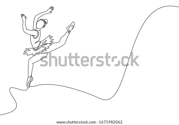 One single line drawing of young beauty dancer woman on tutu jumping ...