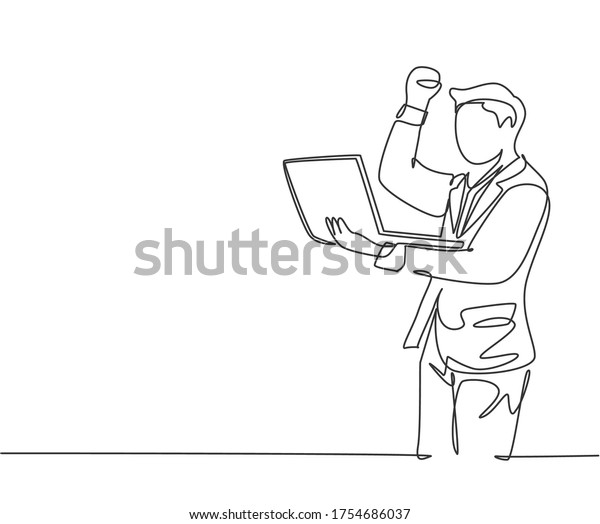 One Single Line Drawing Young Happy Stock Vector (Royalty Free ...