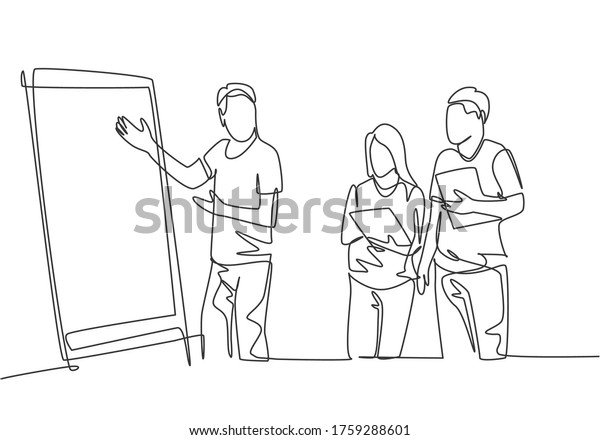 One Single Line Drawing Young Happy Stock Vector (Royalty Free ...