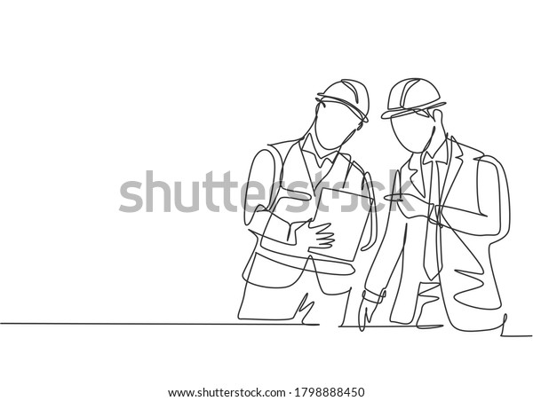 One Single Line Drawing Young Construction Stock Vector (Royalty Free ...