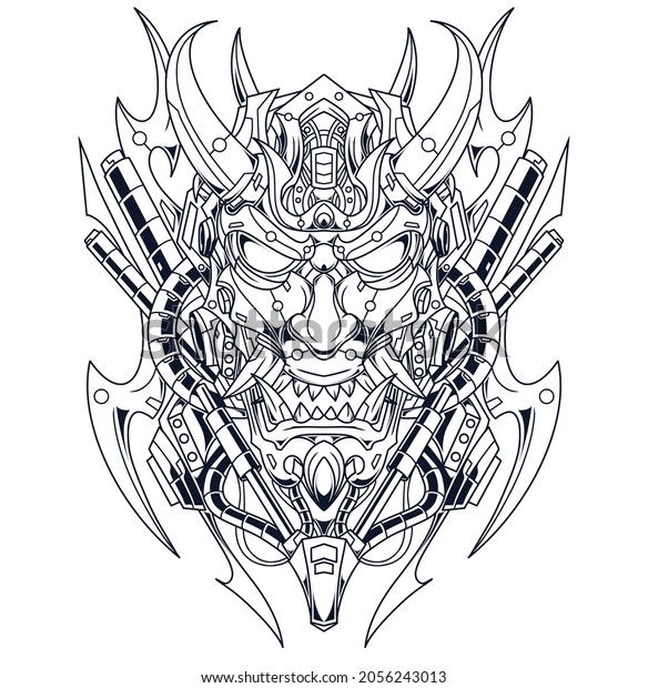 Oni Robot Illustration Line Art Drawing: เวกเตอร์สต็อก (ปลอดค่า ...