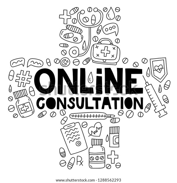 Online Consultation Vector Illustration Doodle Lettering Stock Vector ...