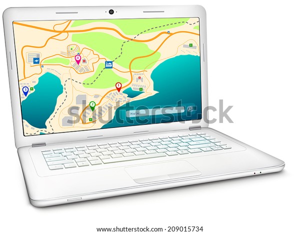 Online GPS city map on display of modern silver notebook computer ...