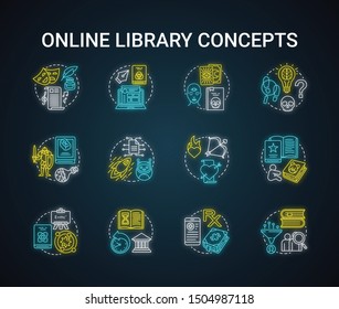 Online Library Neon Light Concept Icons Stock Vector (Royalty Free ...
