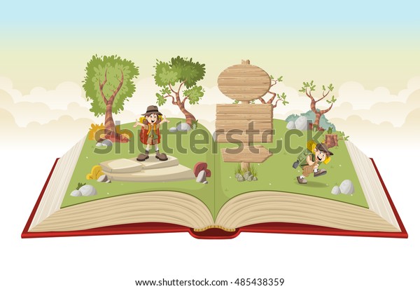 Libro abierto con niños de caricaturas: vector de stock (libre de ...