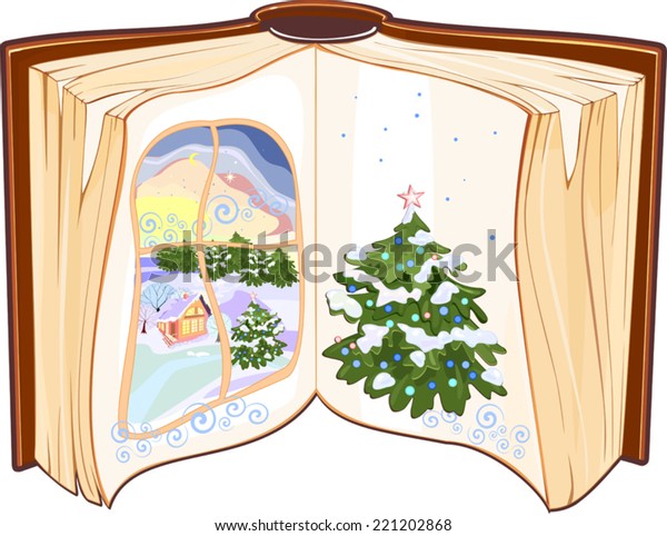 Open book with a Christmas tree and snow-covered window