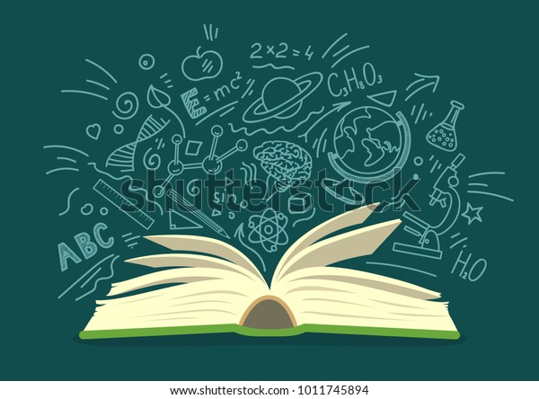 Open book with education, science hand drawn doodles on teal background ...