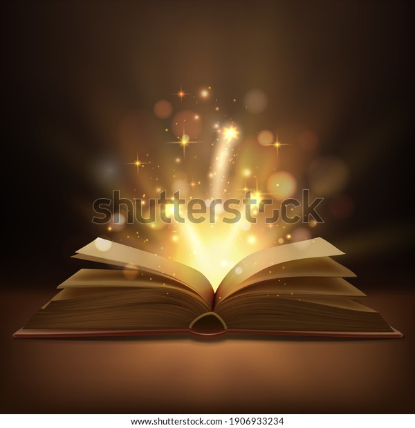Open book with magic lights realistic vector design. Fantasy or fairy ...