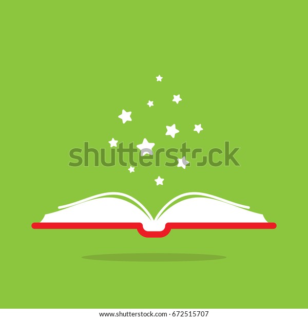 Open book with red book cover and white stars flying out. Isolated on ...