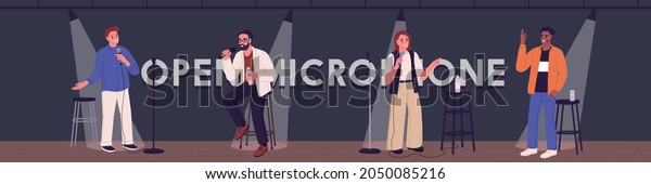 Open mic banner with comedians on stage. Spotlighted comics with ...