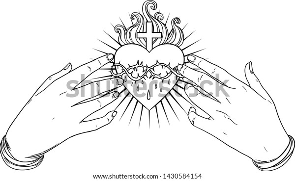 Open Praying Hands Around Sacred Heart Stock Vector (Royalty Free ...