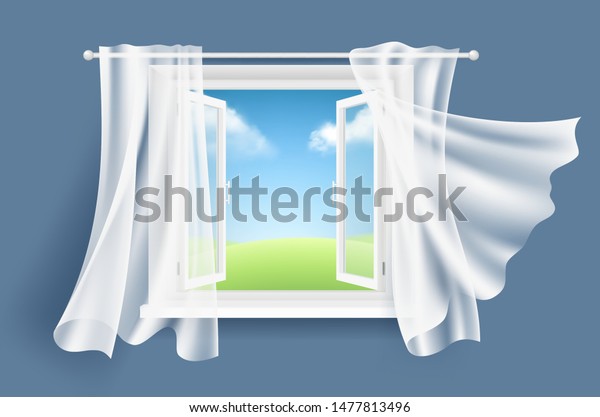Open Window Curtains Sunny Background Glass Stock Vector (Royalty Free ...