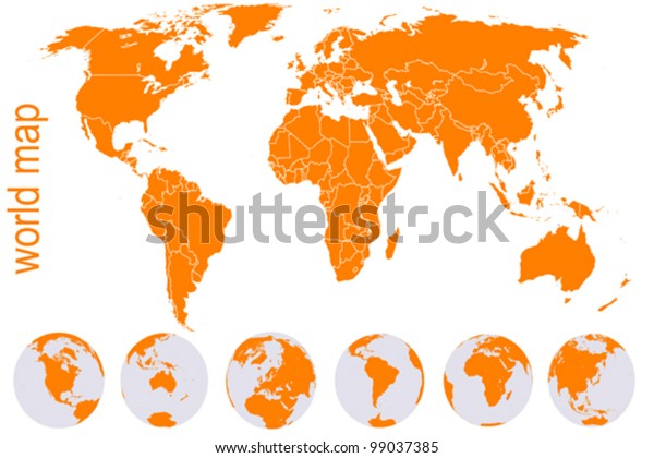 Orange Detailed World Map Earth Globes Stock Vector (Royalty Free) 99037385