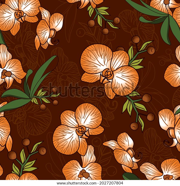Orange Orchid Flowers Seamless Pattern Background Stock Vector (Royalty ...
