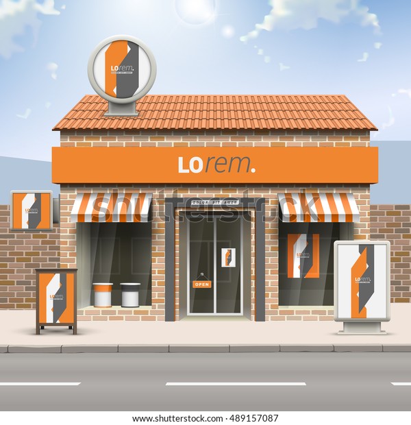 Orange store design with white and gray geometric elements. Elements of ...