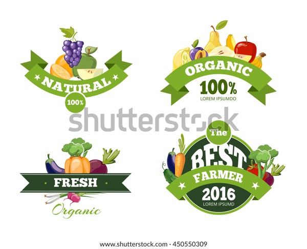 Organic Farming Products Vector Labels Emblems Stock Vector (Royalty ...